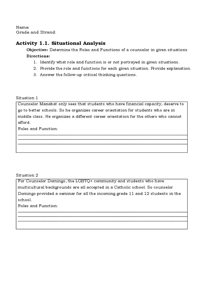 Activity 1.1. Situational Analysis: Name: Grade and Strand | PDF ...