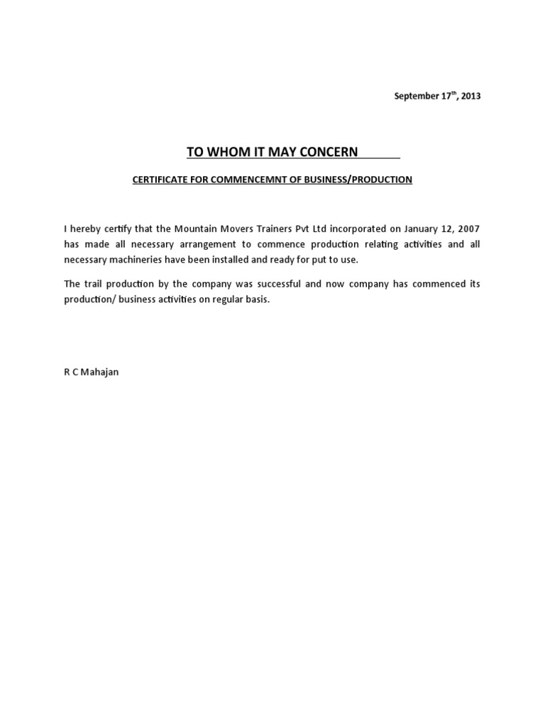To Whom It May Concern: Certificate For Commencemnt of Business ...