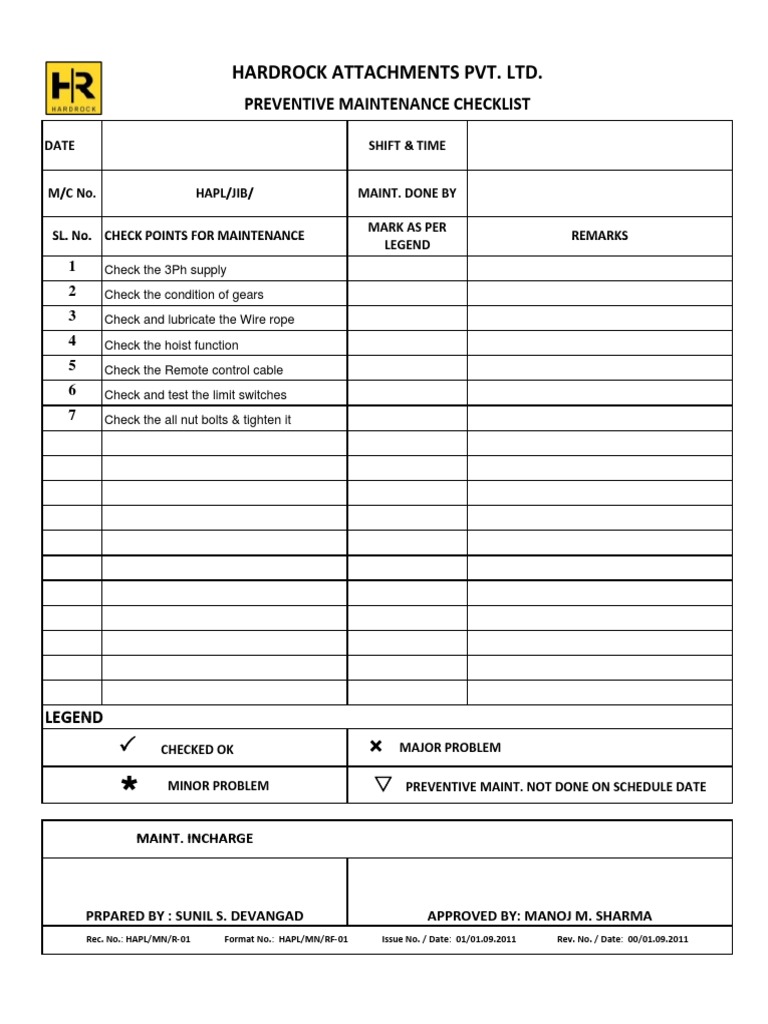 Hardrock Attachments Pvt. LTD.: Preventive Maintenance Checklist | PDF