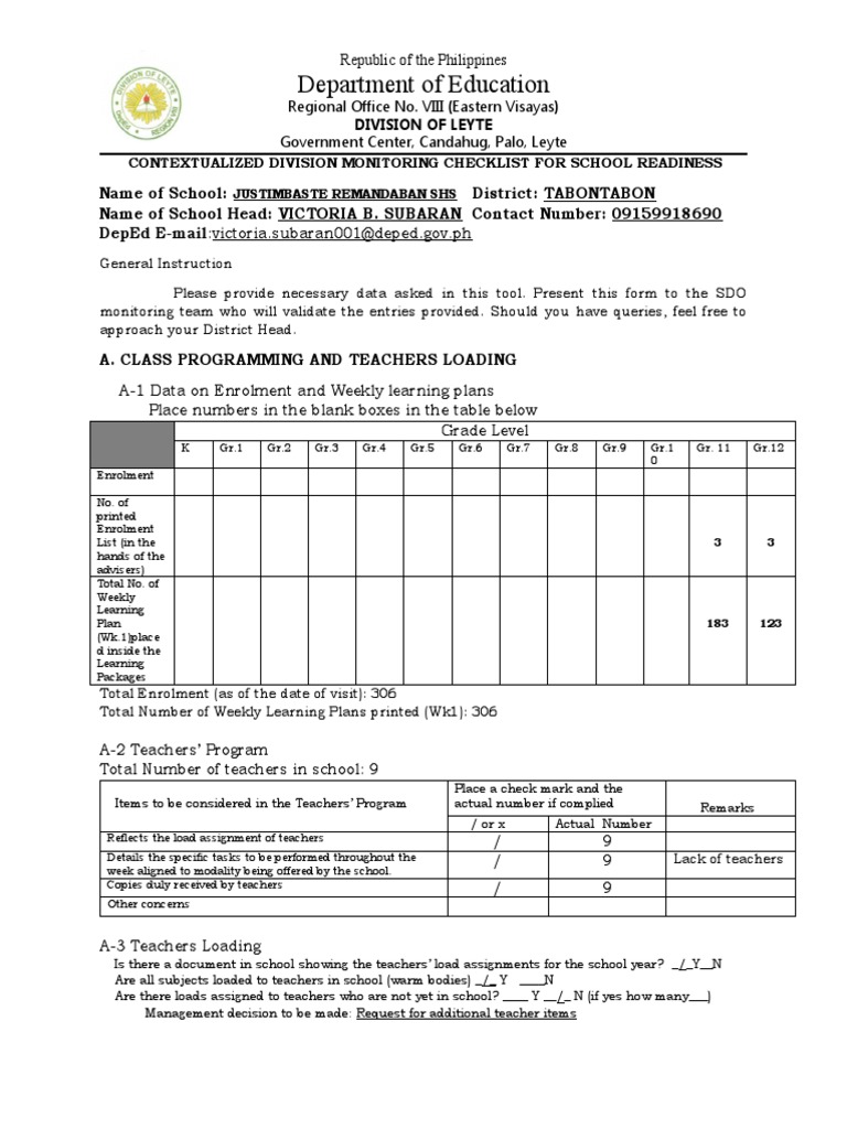 CONTEXTUALIZED DepEd MONITORING-CHECKLIST-FOR-SCHOOL-READINESS-1 | PDF ...