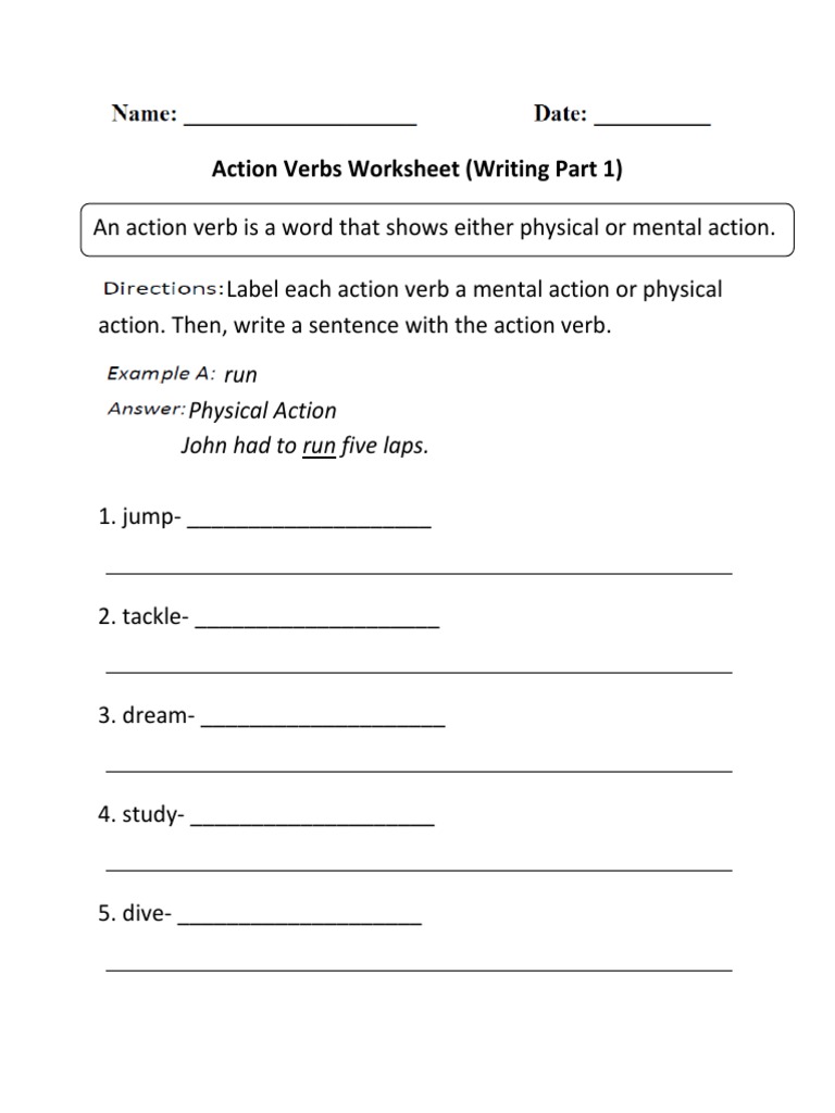 Action Verbs Worksheet Writing | PDF