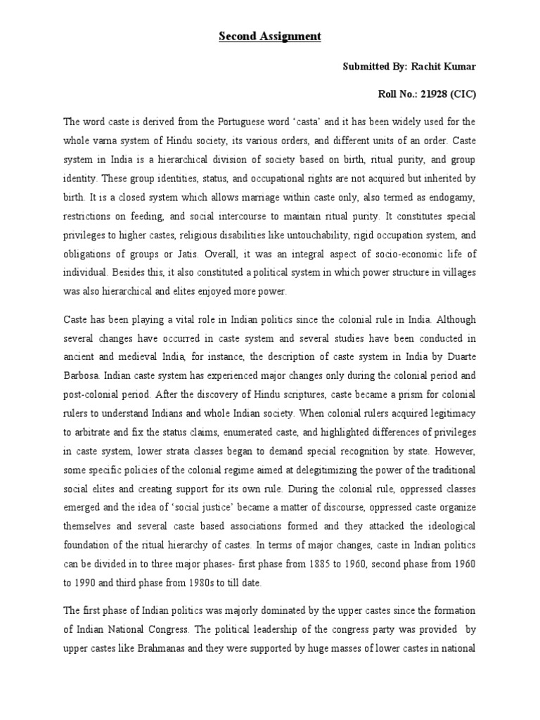 Second Assignment: Submitted By: Rachit Kumar Roll No.: 21928 (CIC) | PDF | Caste | Dalit