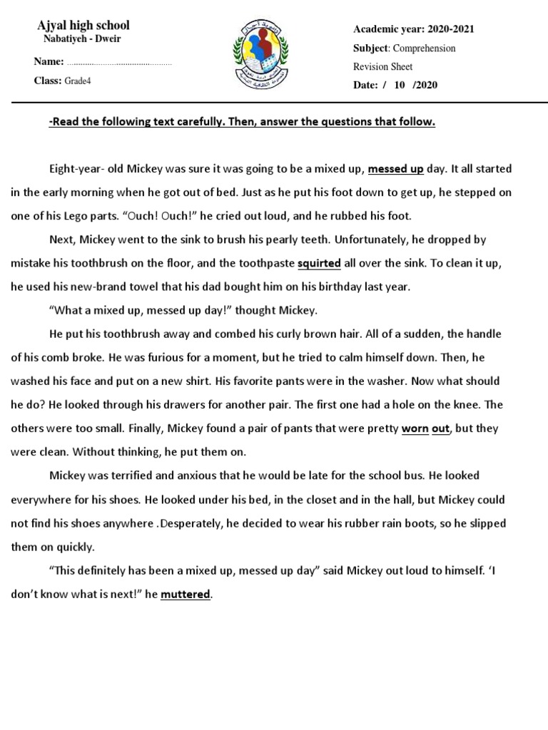 Comprehension Revision Sheet 1 | PDF