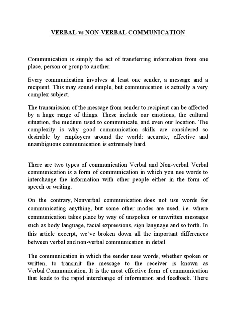 Verbal Vs Non-Verbal Communication | PDF | Nonverbal Communication ...