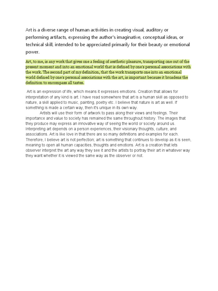 Art Is A Diverse Range of Human Activities in Creating Visual | PDF | Art