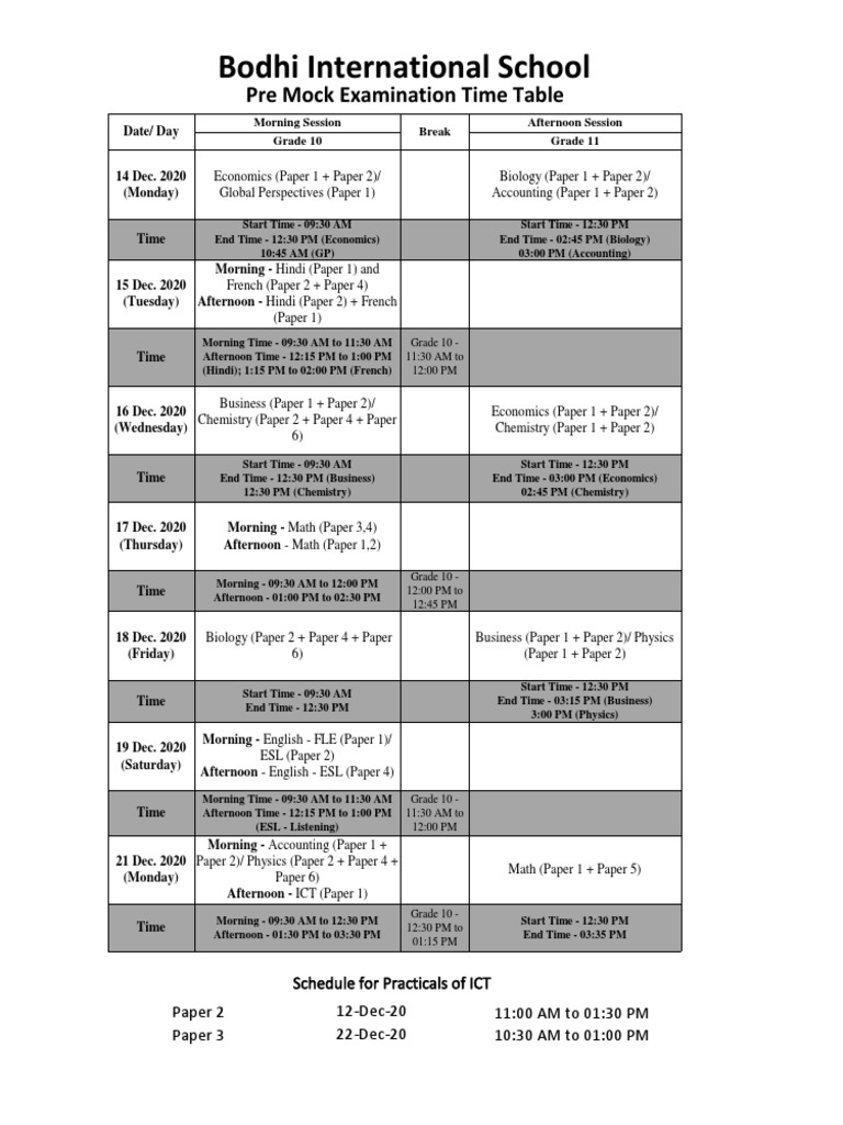 Time Table Pre Mocks Dec 2020 | PDF