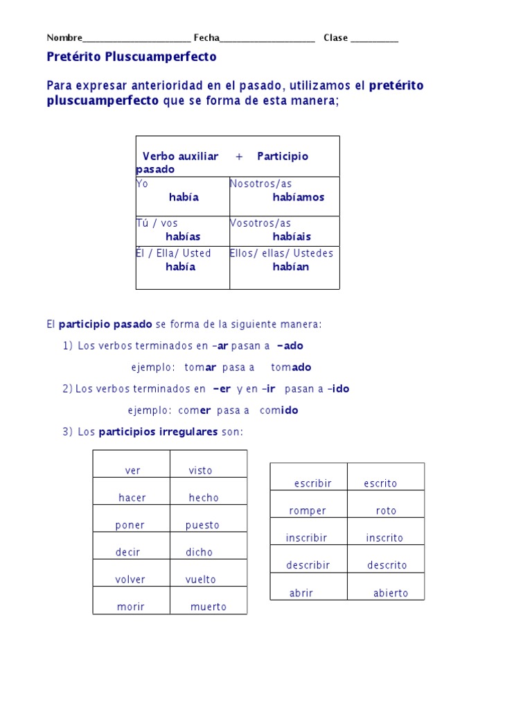 Ejercicios de Pretérito Pluscuamperfecto | PDF | Verbo