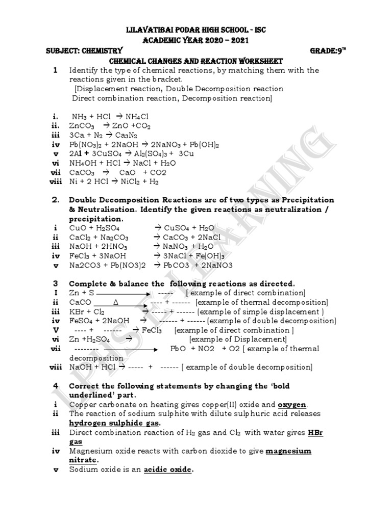 Chemical Changes and Reaction Worksheet | PDF | Oxide | Chemical Reactions