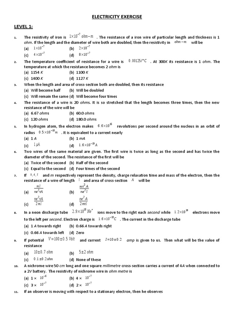 Electricity Exercise Level 1:: Ohm M | Download Free PDF | Electrical ...