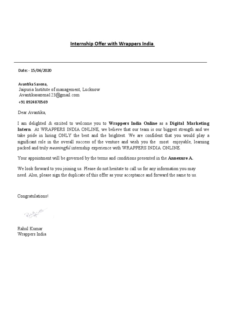 Internship Offer With Wrappers India Online: Date: - 15/06/2020 | PDF ...