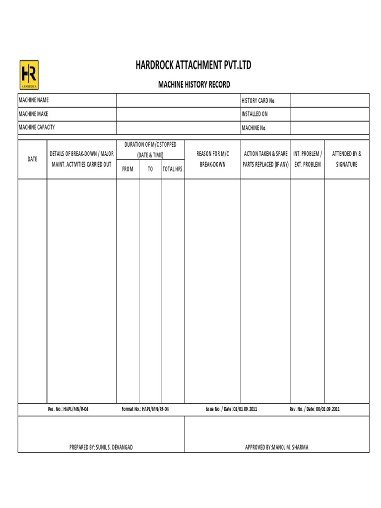 Hardrock Attachment PVT - LTD: Machine History Record | PDF ...