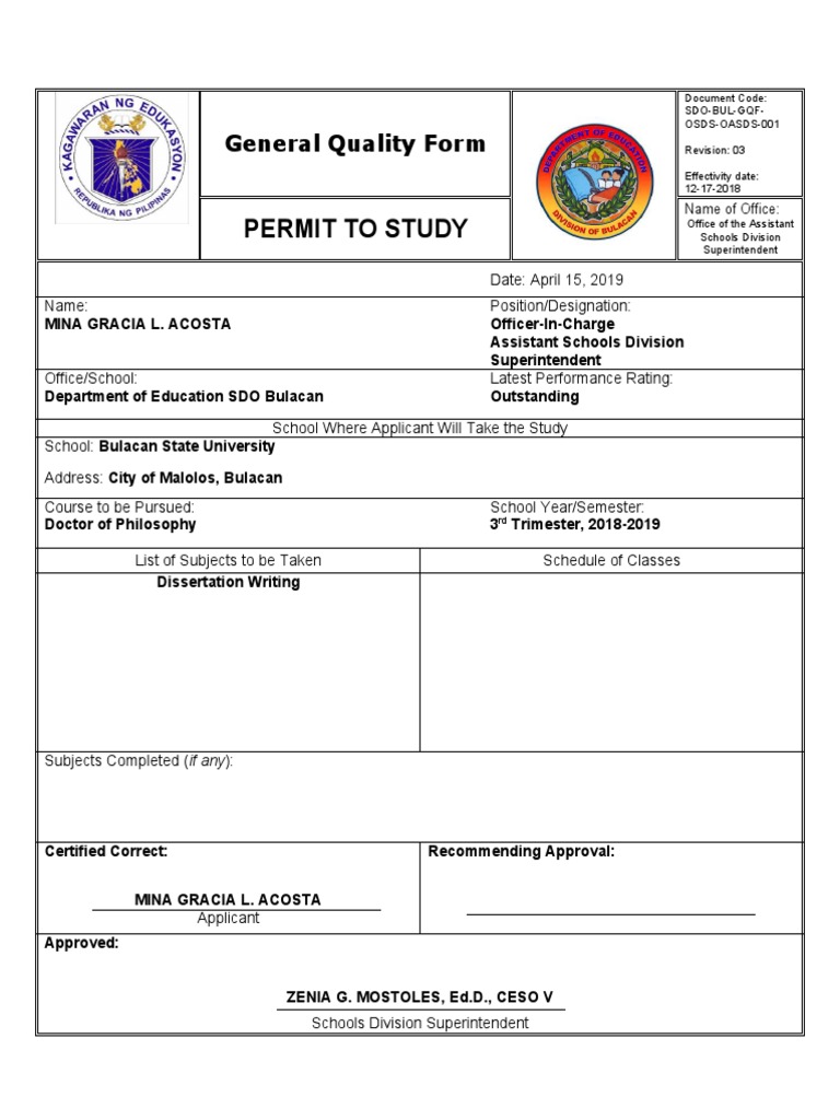 Permit To Study: General Quality Form | PDF