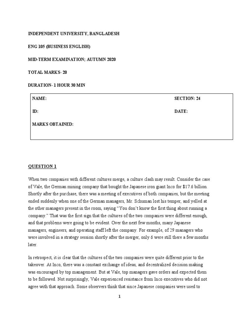 ENg 105 Autumn 2020 - Mid - Section 24 | PDF | Business