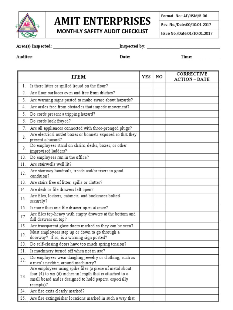 Amit Enterprises Monthly Safety Audit Checklist Addressing Workplace ...