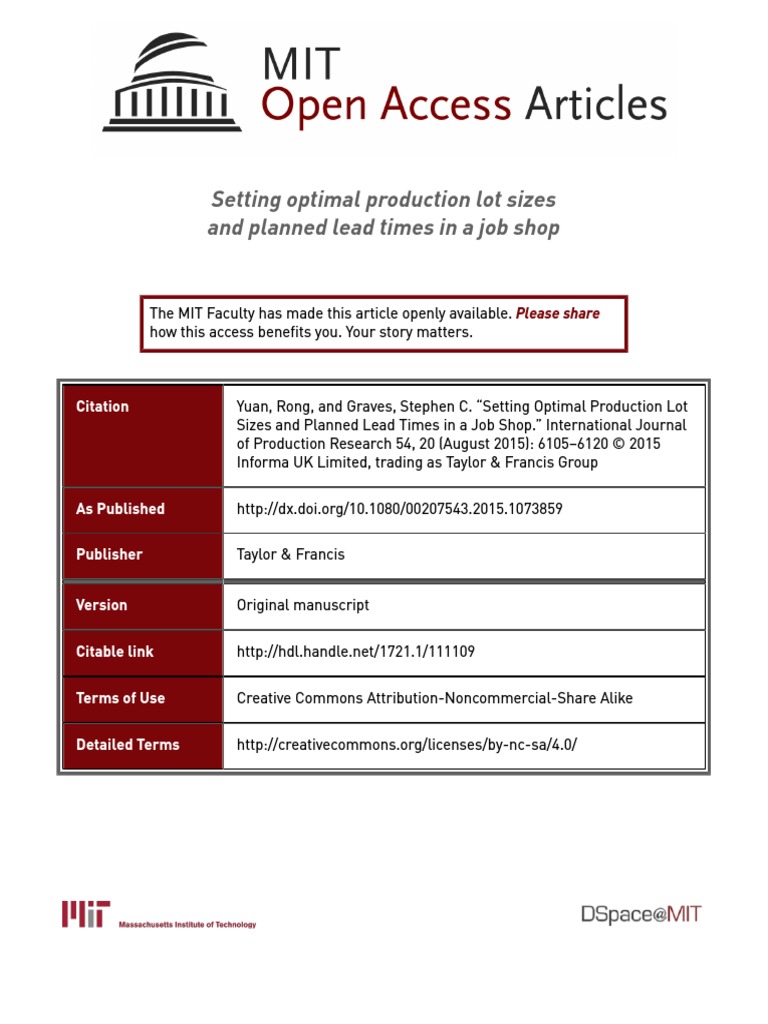 Production Lot Sizes Stephen Graves | PDF | Inventory | Workload