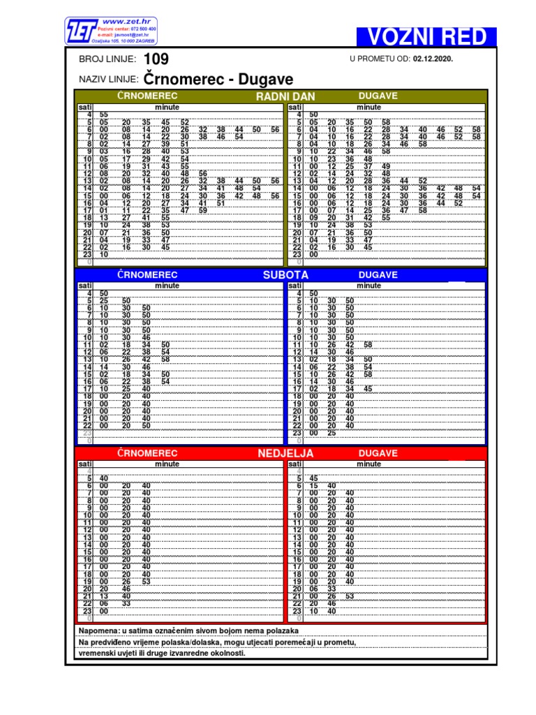 Vozni Red: Rnomerec - Dugave 109 | PDF