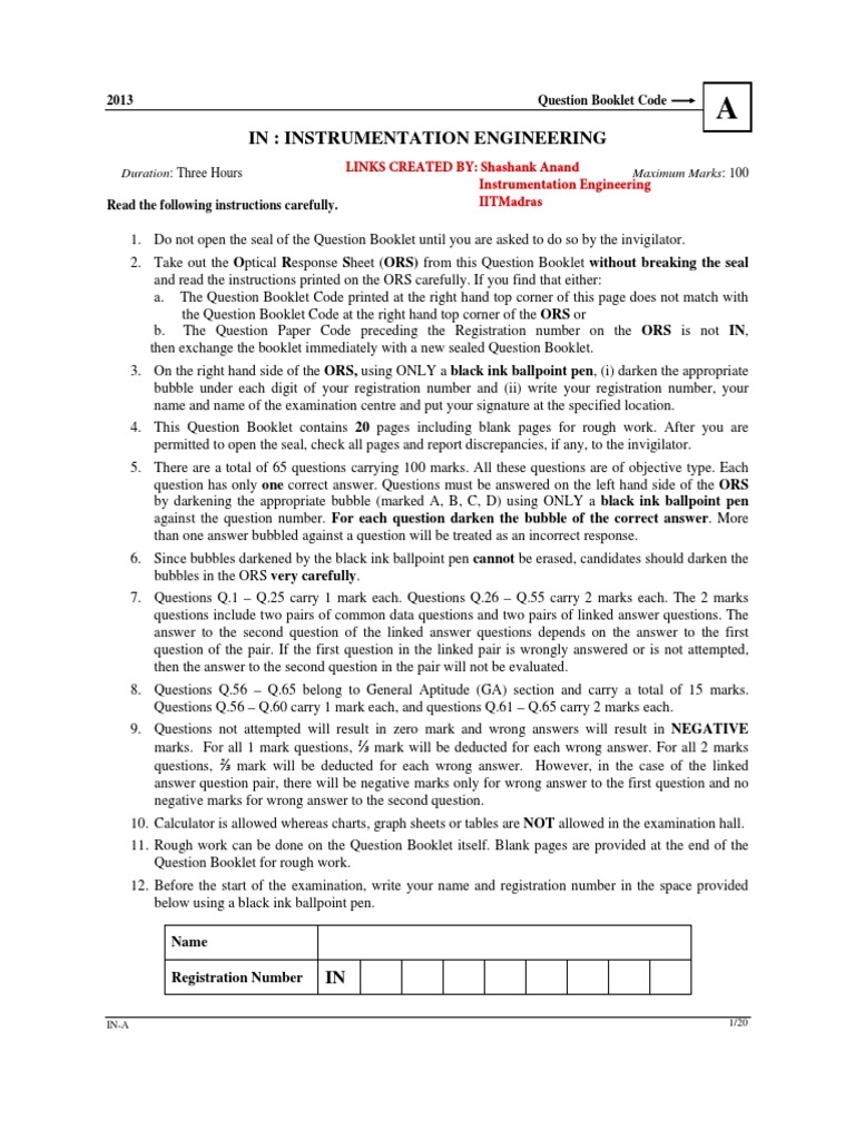 Instrumentation Engineering Question Booklet and Optical Response Sheet ...