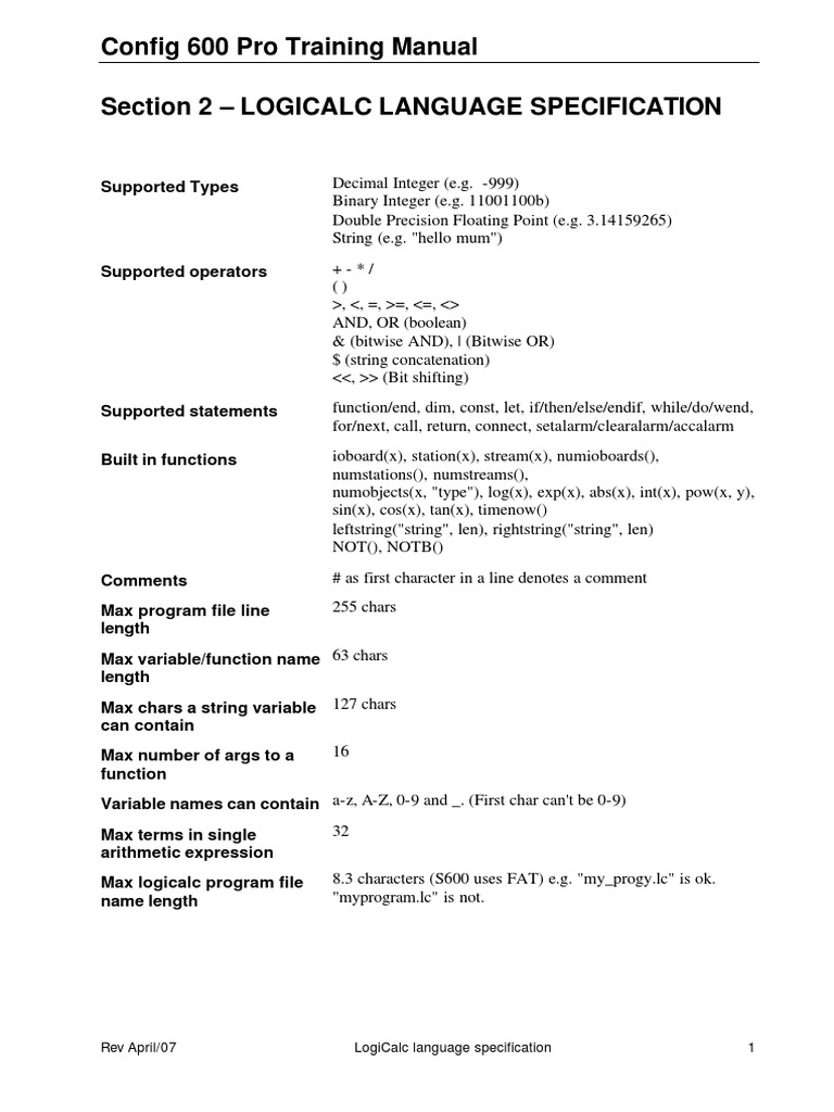 Config 600 Pro Training Manual Section 2 - Logicalc Language Specification | Download Free PDF ...
