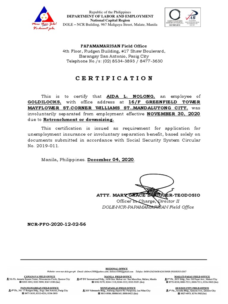 DOLE Certification | PDF