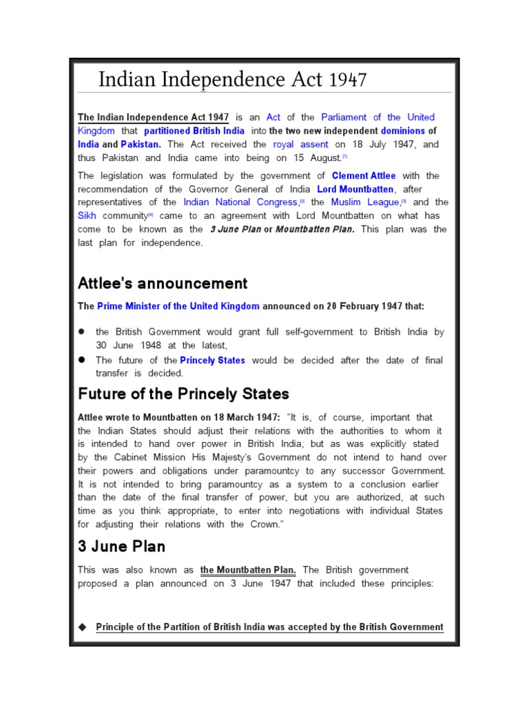 Indian Independence Act 1947 Partitioned India | PDF | Government ...