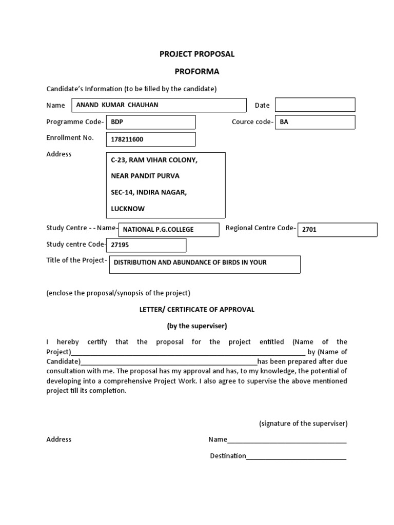 Project Proposal Proforma:, C-23, Ram Vihar Colony, Near Pandit Purva Sec-14, Indira Nagar ...