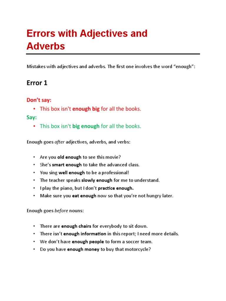 Errors With Adjectives and Adverbs | PDF | Adjective | Adverb