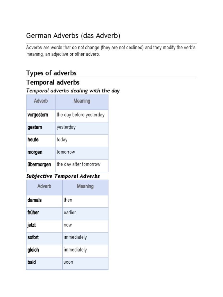 German Adverbs (Das Adverb) : Types of Adverbs Temporal Adverbs | PDF ...