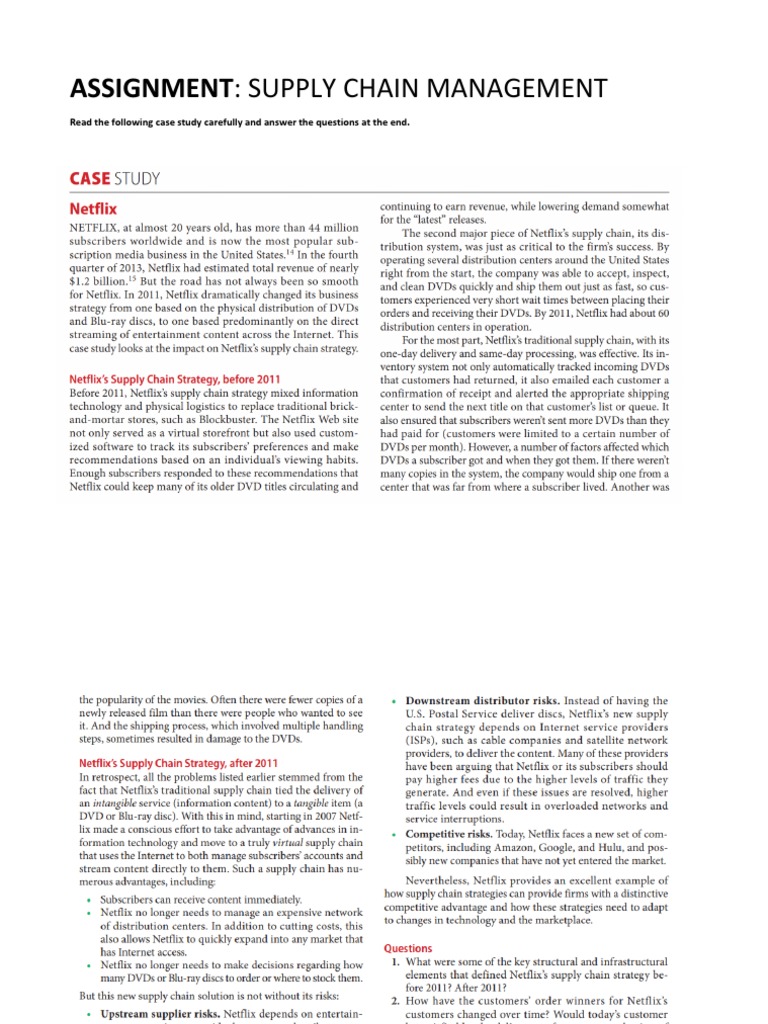 Assignment: Supply Chain Management: Read The Following Case Study ...
