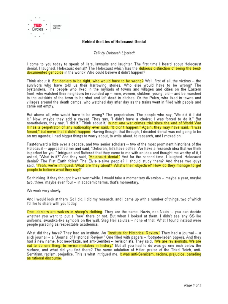 Holocaust Denial Exposed: Lipstadt's Talk | PDF | Racism ...