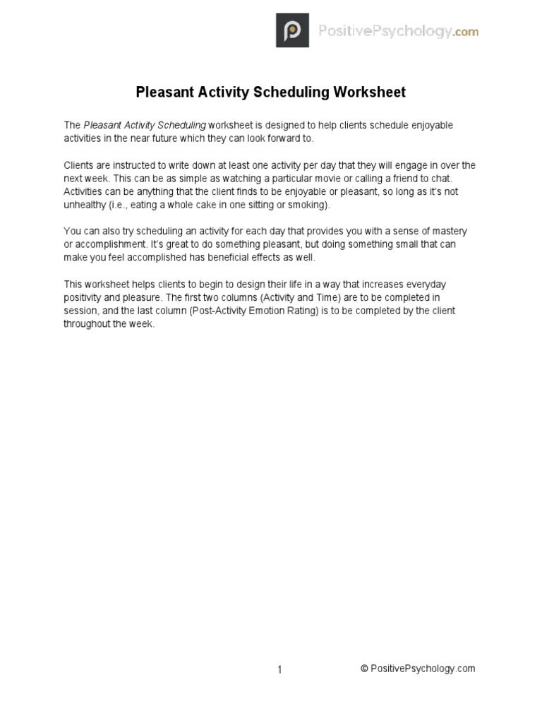 Pleasant Activity Scheduling Worksheet PDF | PDF