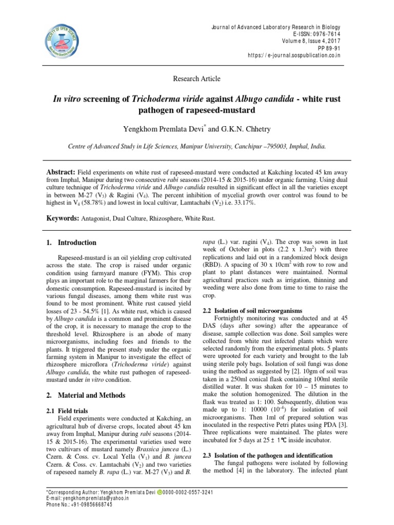 In Vitro Screening of Trichoderma Viride Against Albugo Candida - White Rust Pathogen of ...
