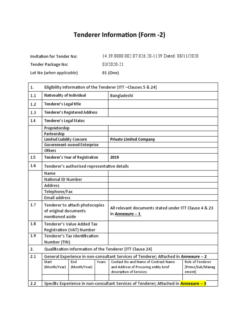 Tenderer Information (Form - 2) : Private Limited Company | PDF | Sole ...
