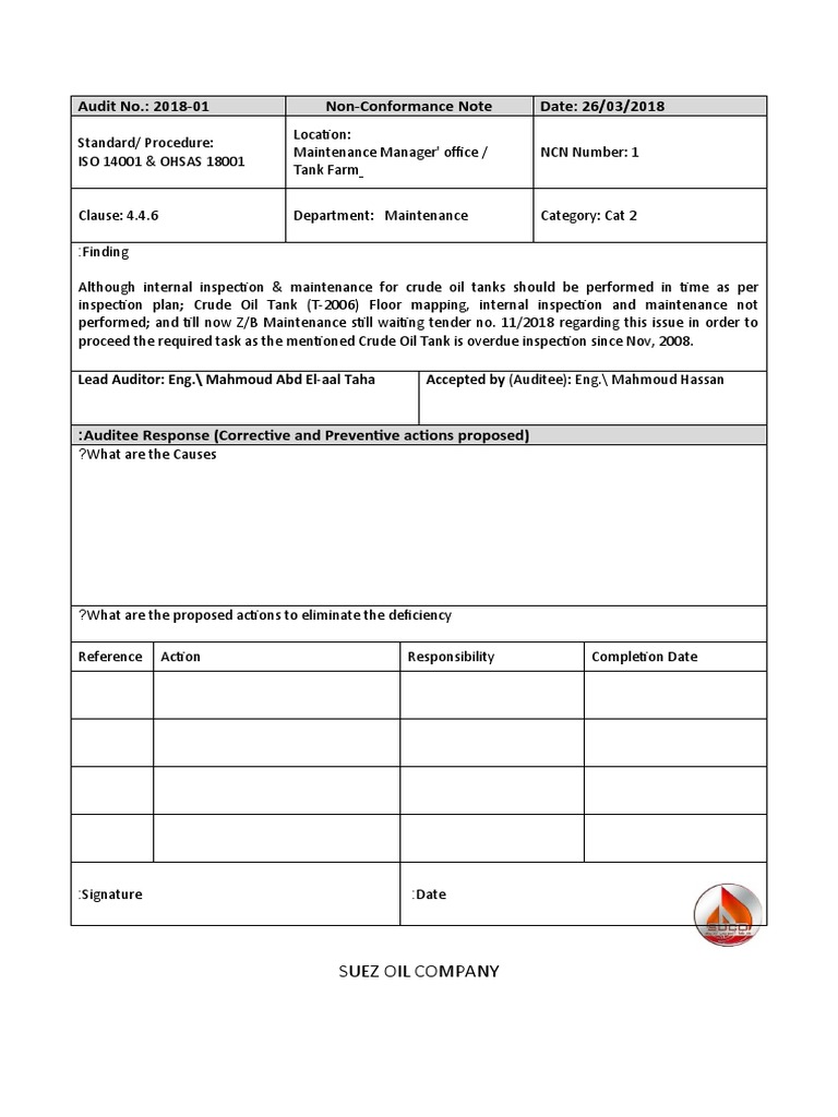 Non-Conformance Note No. 1 | PDF