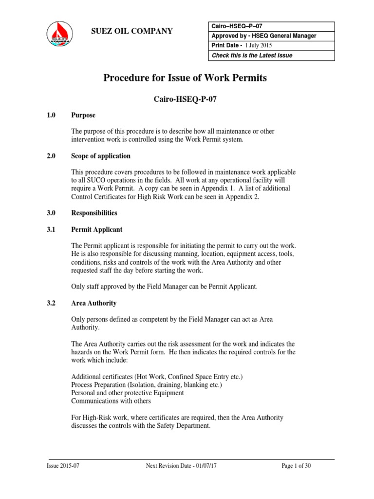 Procedure For Issue of Work Permits: Suez Oil Company | PDF ...