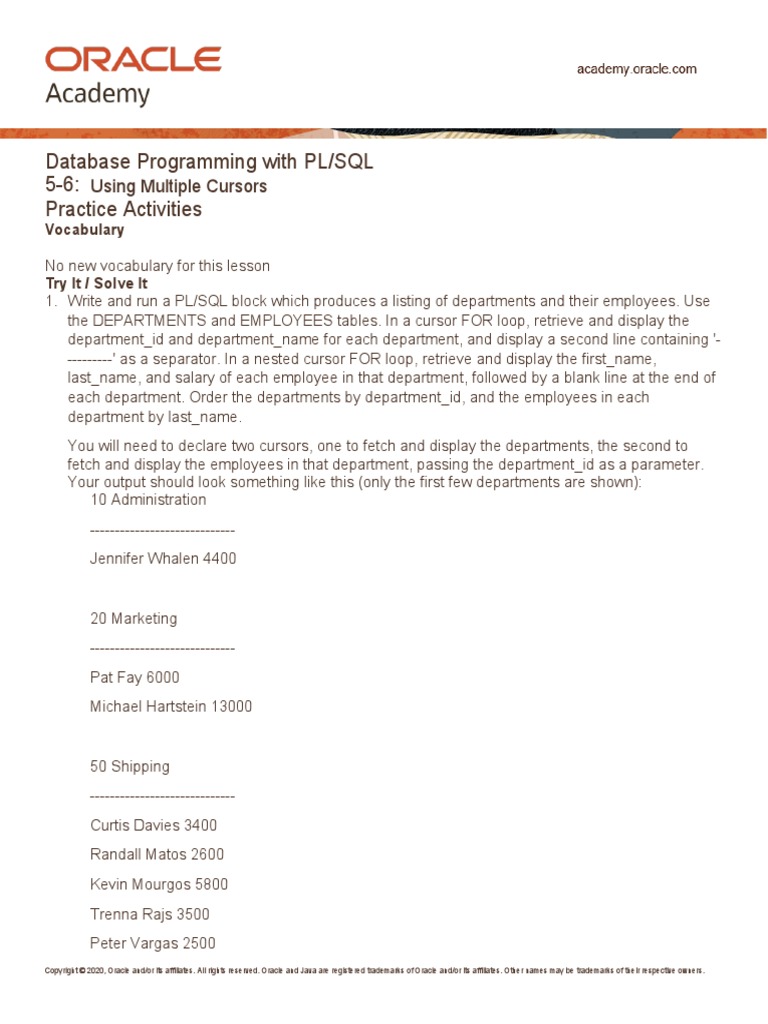 Database Programming With Plsql 5 6 Practice Activities Using Multiple Cursors Pdf