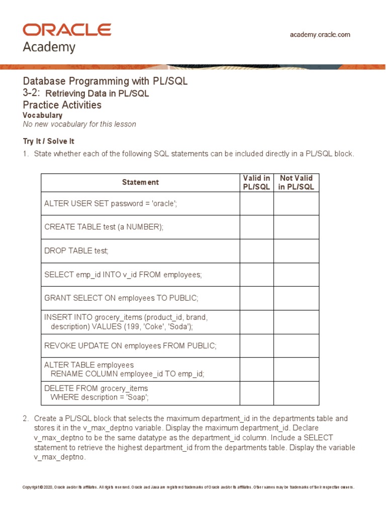 Database Programming With Pl Sql 3 2 Practice Activities Pdf Pl Sql Table Database