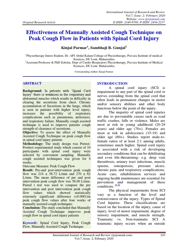 Effectiveness of Manually Assisted Cough Technique On Peak Cough Flow in Patients With Spinal ...