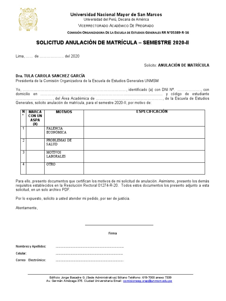 Solicitud de Anulación de Matrícula 2020 2 | PDF