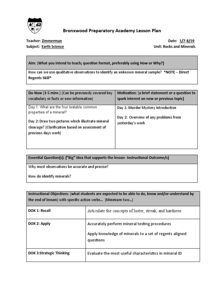 Mineral Id Lab Lesson Plan 2018 | PDF | Lesson Plan | Question