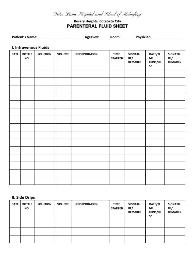 Notre Dame Hospital and School of Midwifery: Parenteral Fluid Sheet | PDF