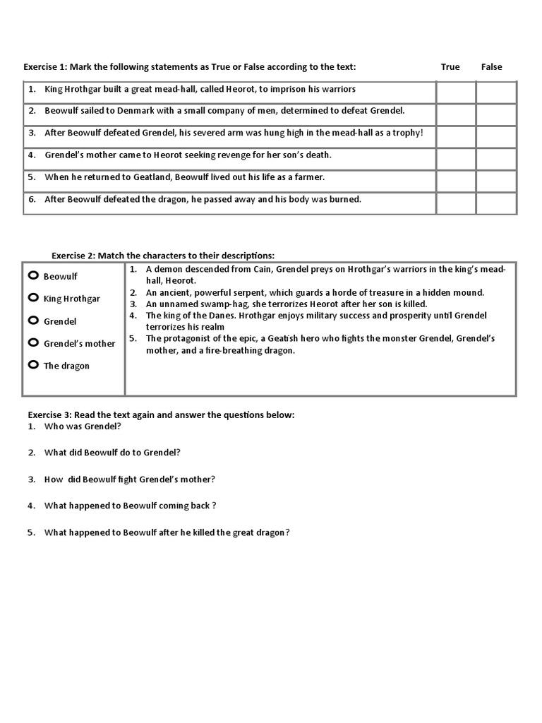 The Story of Beowulf Exercises | PDF | History