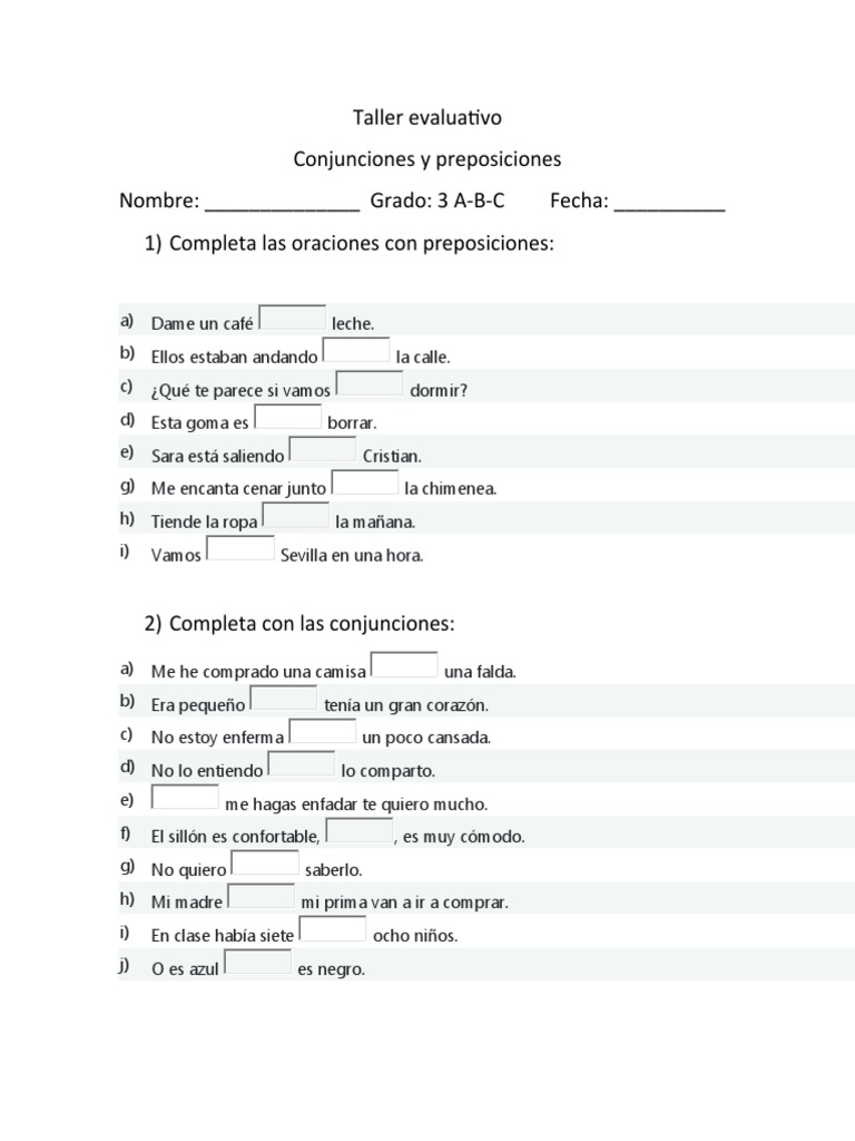 Taller de Conjunciones y Preposiciones | PDF | Métodos y materiales de ...