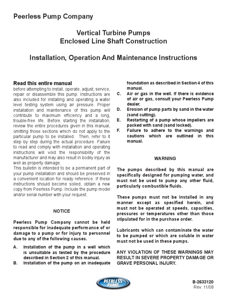 Peerless Pump Company Vertical Turbine Pumps Enclosed Line Shaft Construction Installation ...