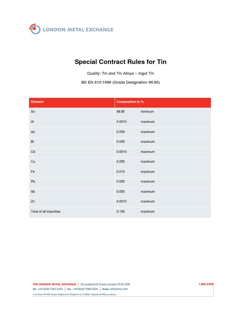 Tin Ingot Composition Standards | PDF