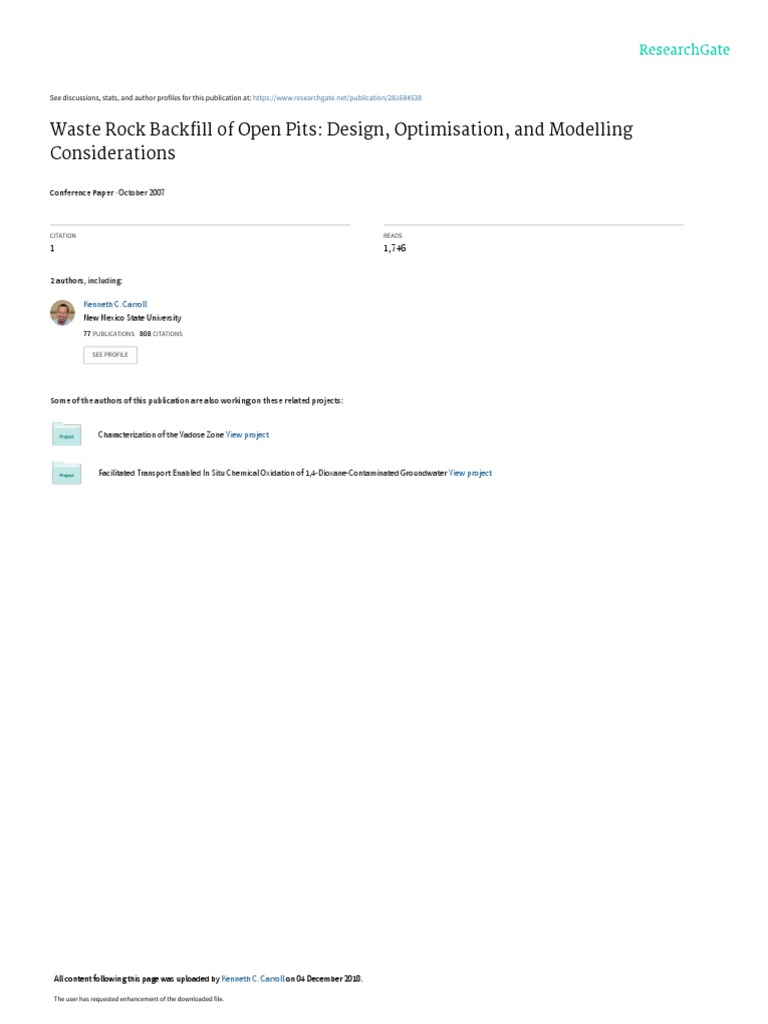 Waste Rock Backfill of Open Pits: Design, Optimisation, and Modelling ...