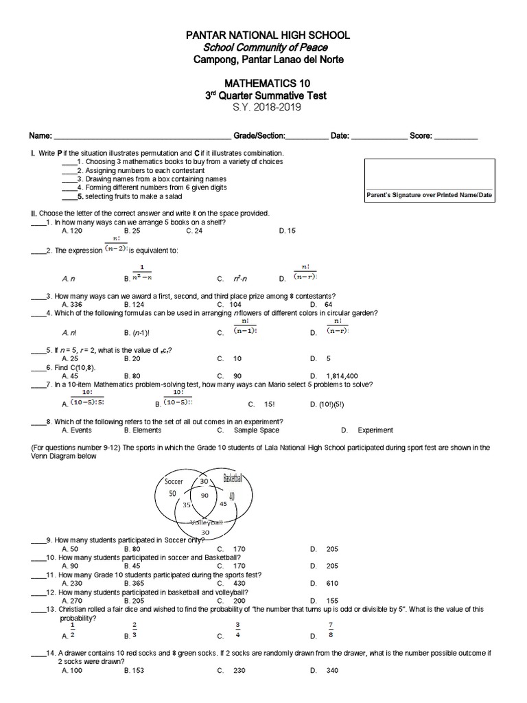Math 10 Quarter 3 Summative Exam | PDF | Equations | Probability