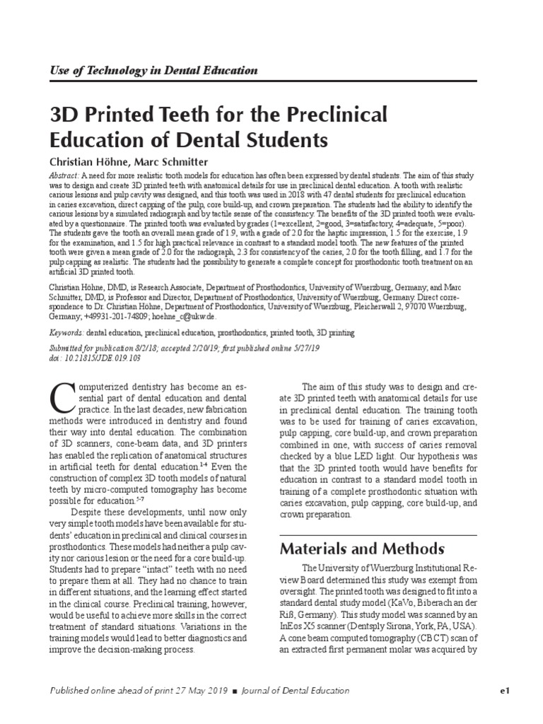 3D Printed Teeth For The Preclinical Education | PDF | Dentistry ...