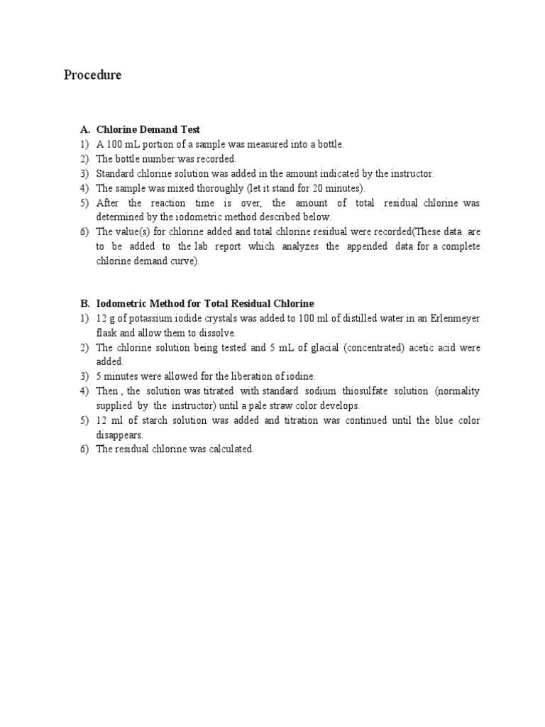 Procedure: A. Chlorine Demand Test | Download Free PDF | Chlorine ...