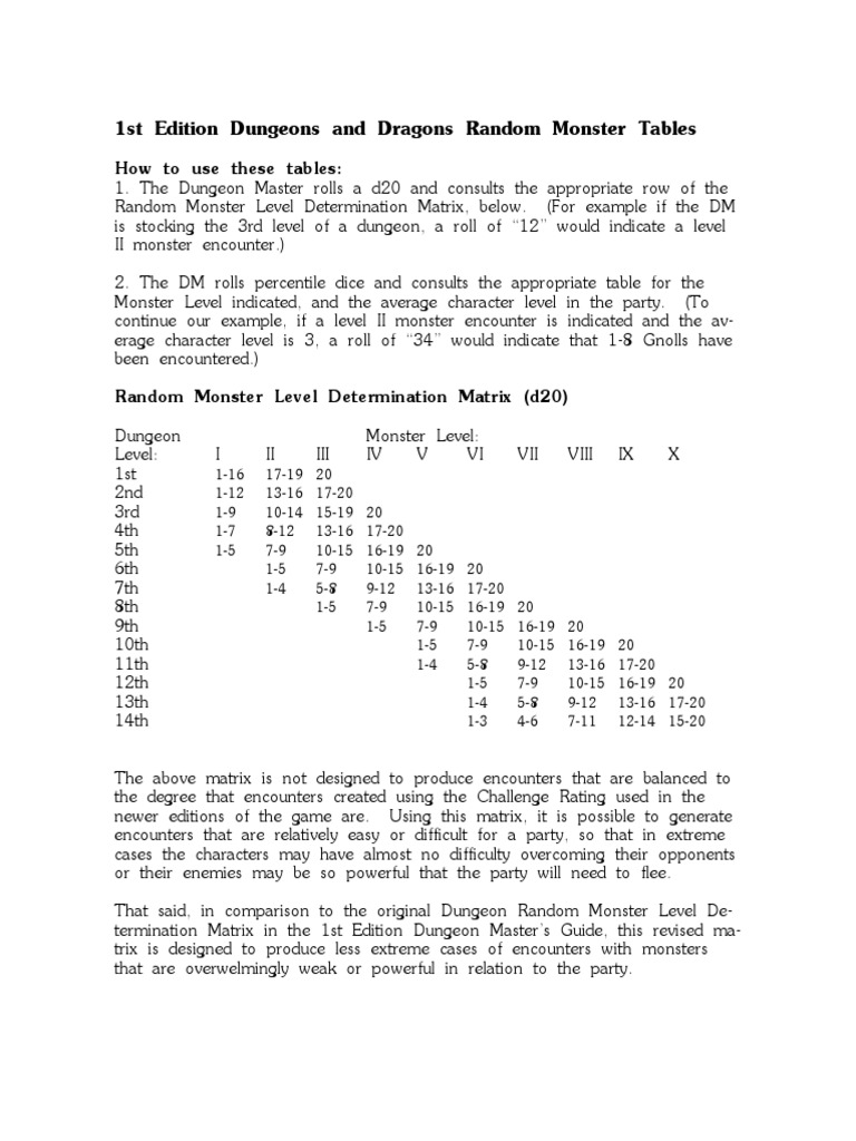 1st Edition Dungeons and Dragons Random Monster Tables | PDF | Dungeons ...
