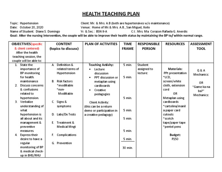 Sample Health Teaching Plan | PDF | Hypertension | Clinical Medicine